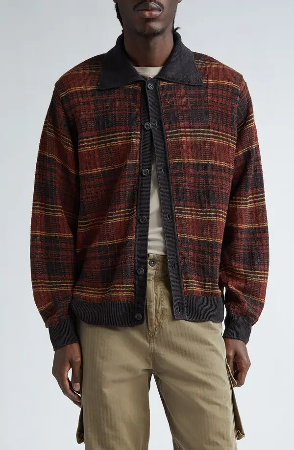 Our Legacy Evening Polo Intarsia Check Hemp Cardigan In Rust